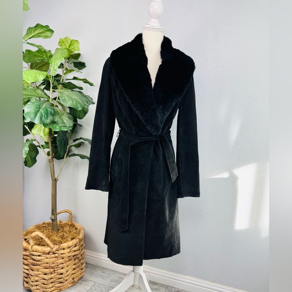 bebe | Jackets & Coats | Y2k Vintage Bebe Black Faux Fur Real Suede Leather Belted Midi Coat ...